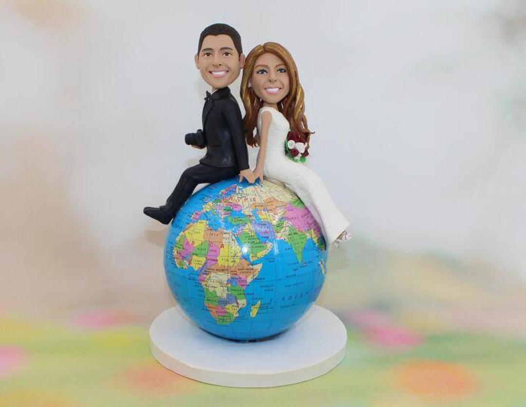 Custom Globe Cake Topper Globe Bobbleheads Bride and Groom Sitting on a ...