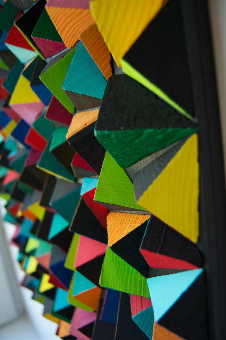 Tetra / 3 Sides Wood Wall Art / 3D Pyramids Mosaic in Rainbow Colours ...