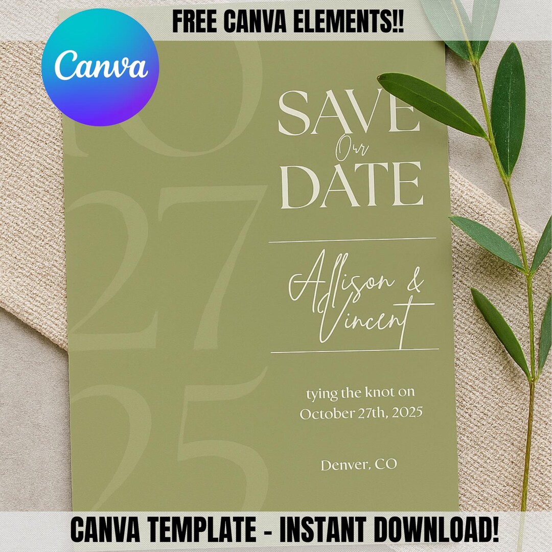 Modern Olive Green Save the Date Template – Minimalist Wedding Card ...