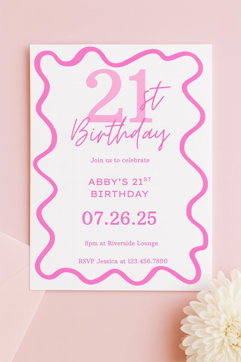 Pink 21st Birthday Invitation Template – Wavy Border (digital Download ...