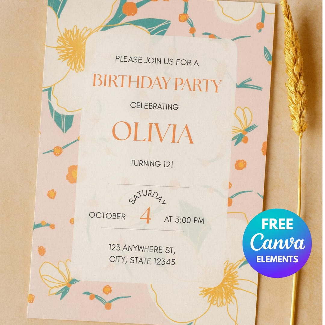 Floral Tween Birthday Invitation Template – Editable 12th Birthday ...