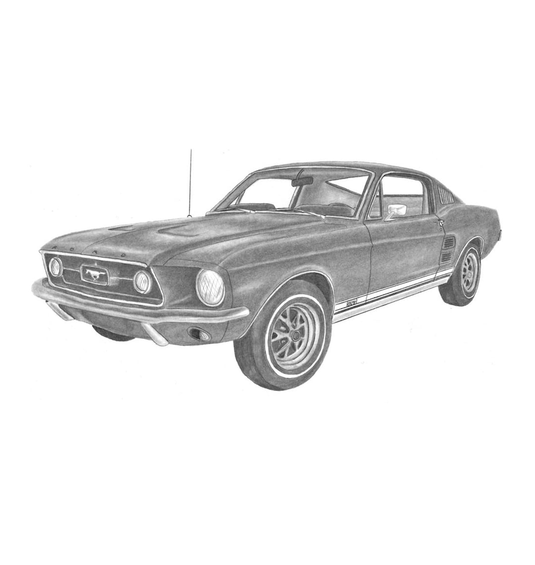 Print of My Drawing of a 1967 Mustang GT Fastback, Mustang Wall ...