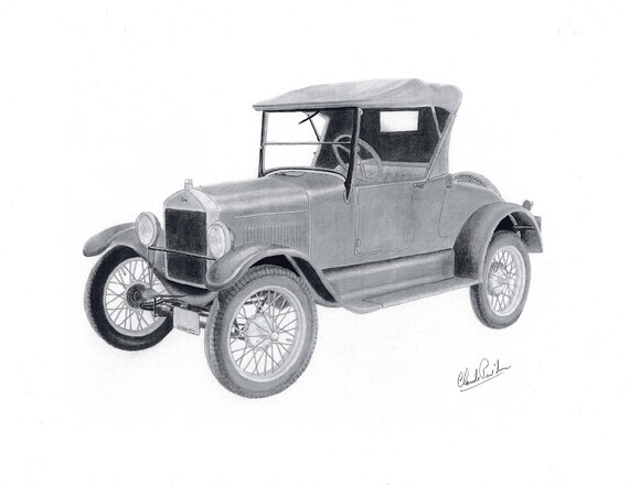 Print of My Pencil Drawing of a 1927 Ford Model T Roadster | Etsy