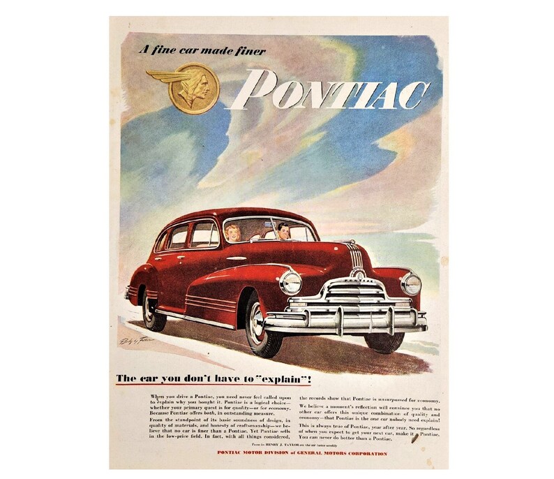 Original 10 X 13 Inches 1947 Pontiac Advertisement, Pontiac Wall ...