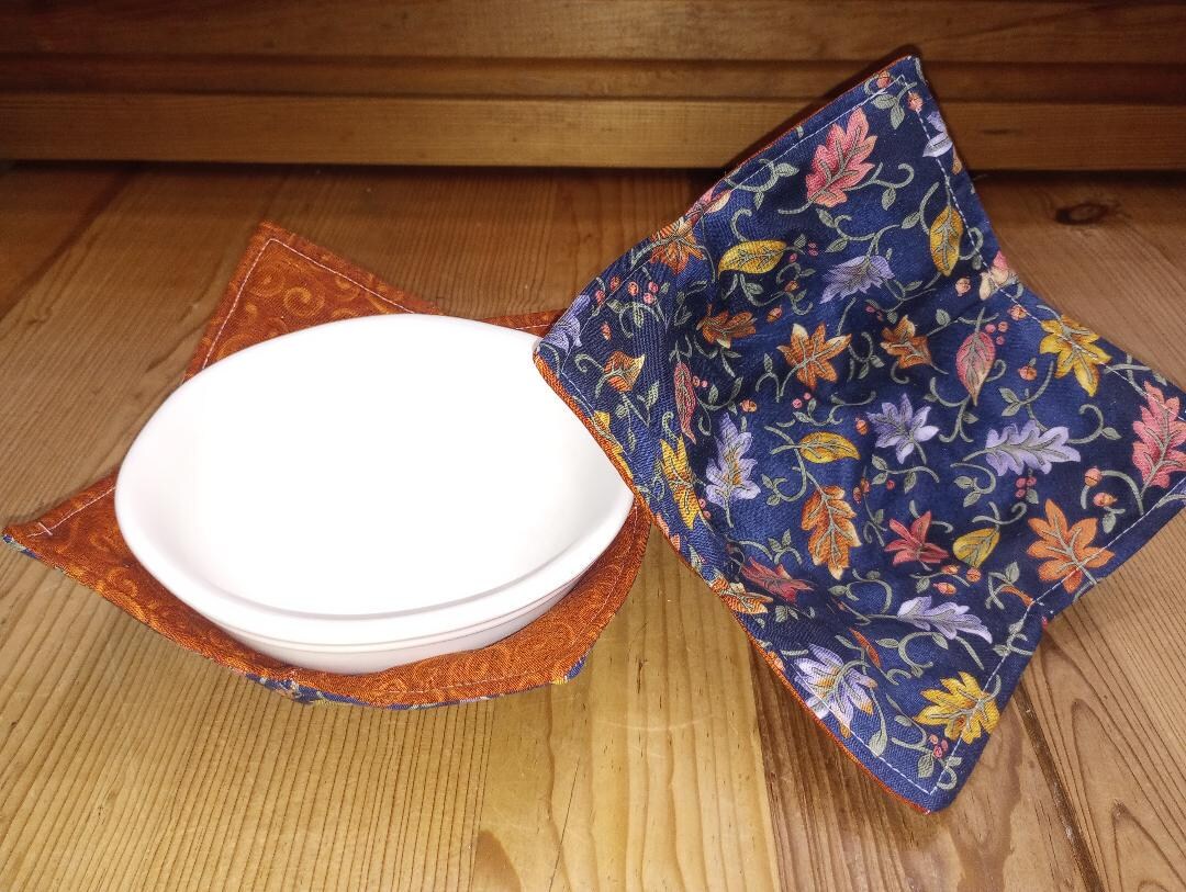 Reversible Microwave Bowl Cozy Set –dark Blue & Rust Floral, Cotton, 7 ...