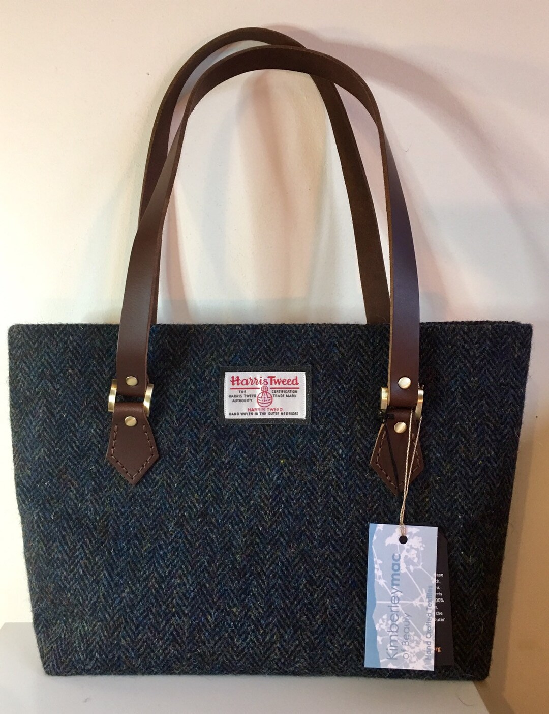 Deep Blue Harris Tweed Tote Bag With Leather Handles - Etsy