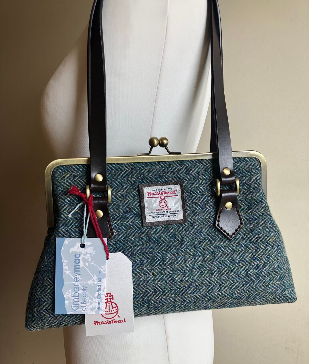 Bolso de mano Harris Tweed verde azulado con cierre de presión y asas ...