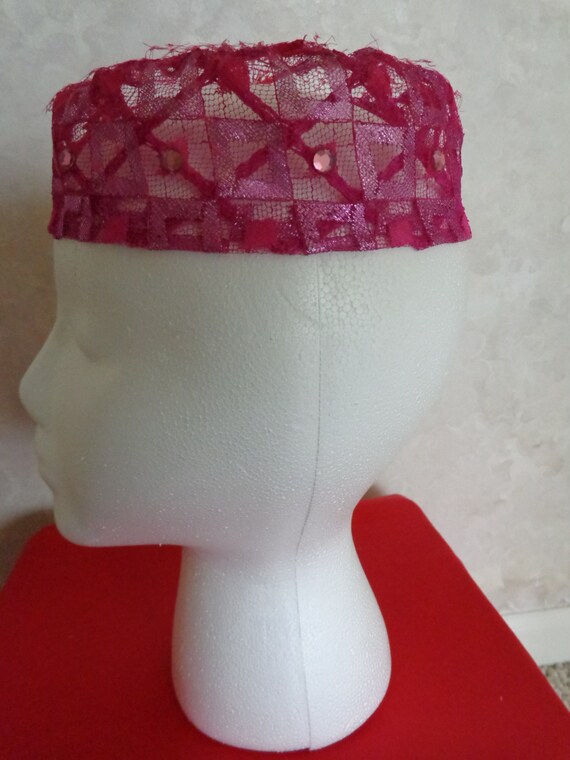 Pillbox Pink Vintage Lace Hat (#0322) - Gem