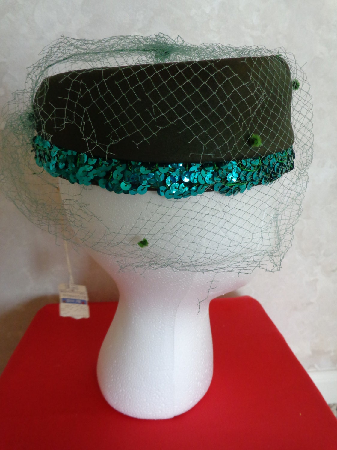 Pillbox Vintage Aqua Netted Hat With Sequined Rimming (#0643) - Etsy
