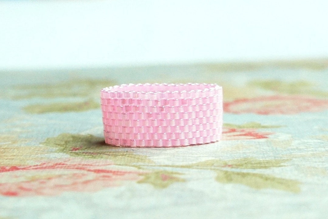 Pink Seed Bead Ring, Flexible Beaded Ring, Simple Bead Woven Ring ...