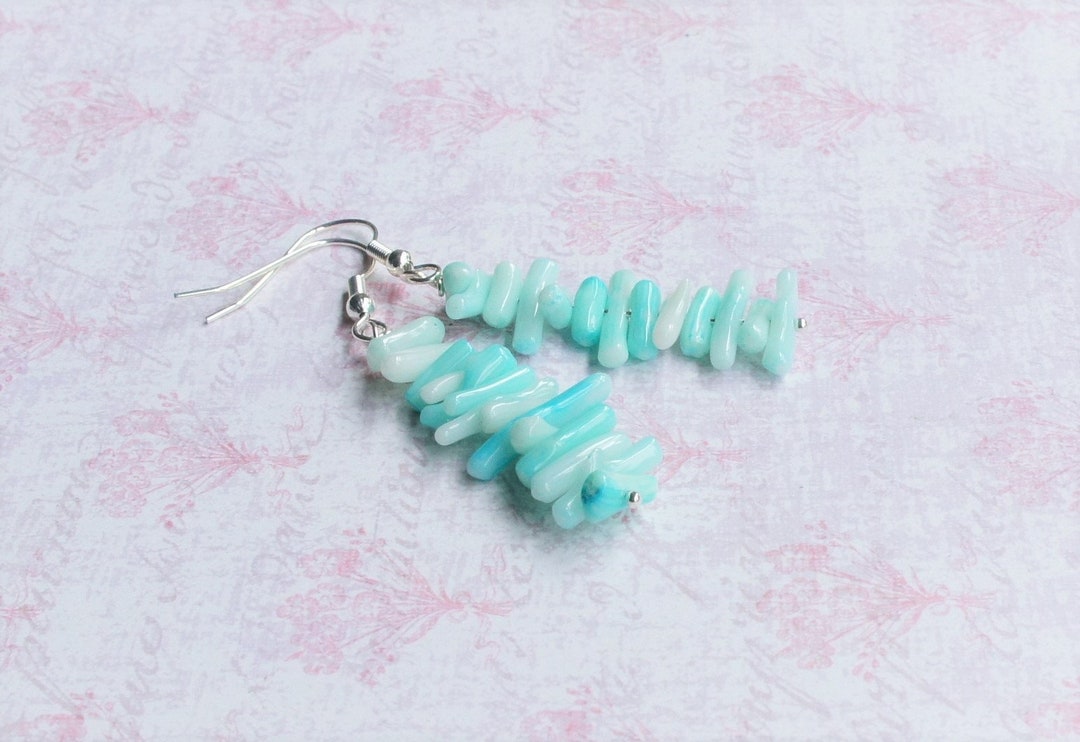 Turquoise Blue Coral Earrings, Coral Beads Earrings, Mini Chips ...