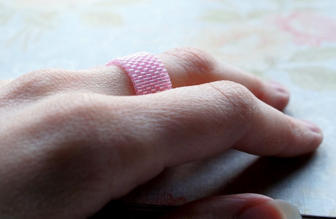 Pink Seed Bead Ring, Flexible Beaded Ring, Simple Bead Woven Ring ...