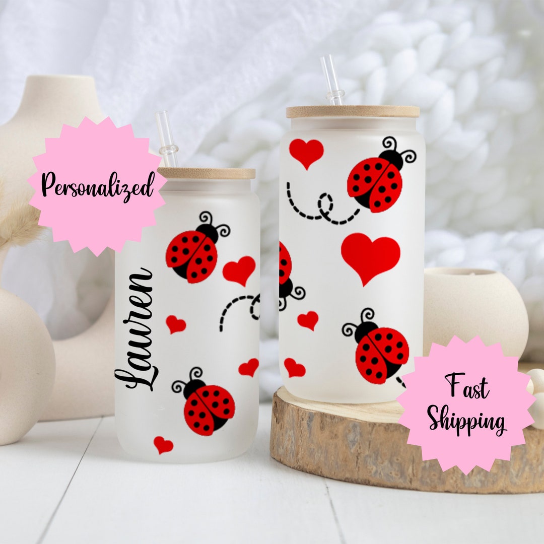 Custom Frosted Ladybug Glass Can Cup, Custom Glass Tumbler, 16oz Glass ...
