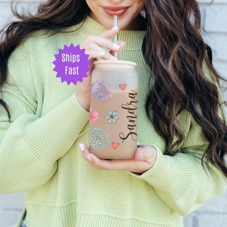 Personalized Crochet Lover Frosted Glass Cup With Bamboo Lid - Etsy
