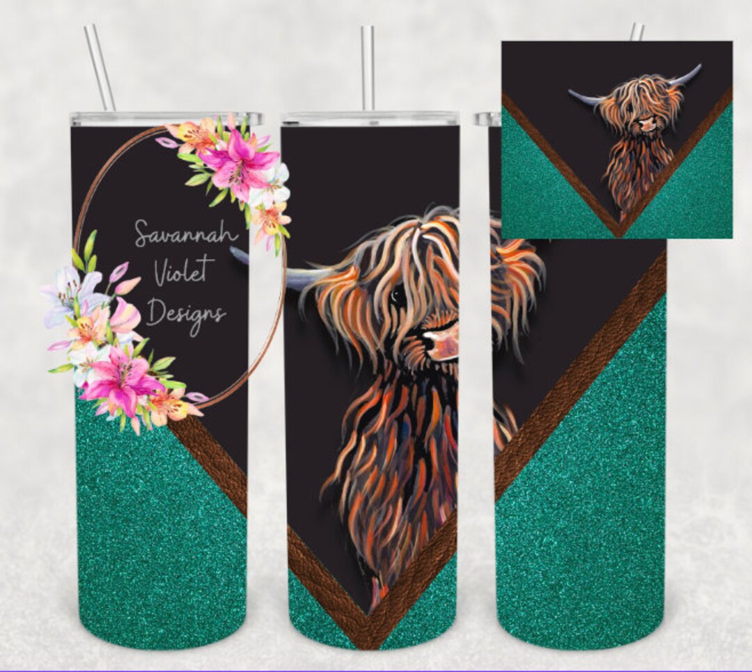 Highland Cow Teal Glitter Sublimation Design Download 20 Oz Skinny - Etsy