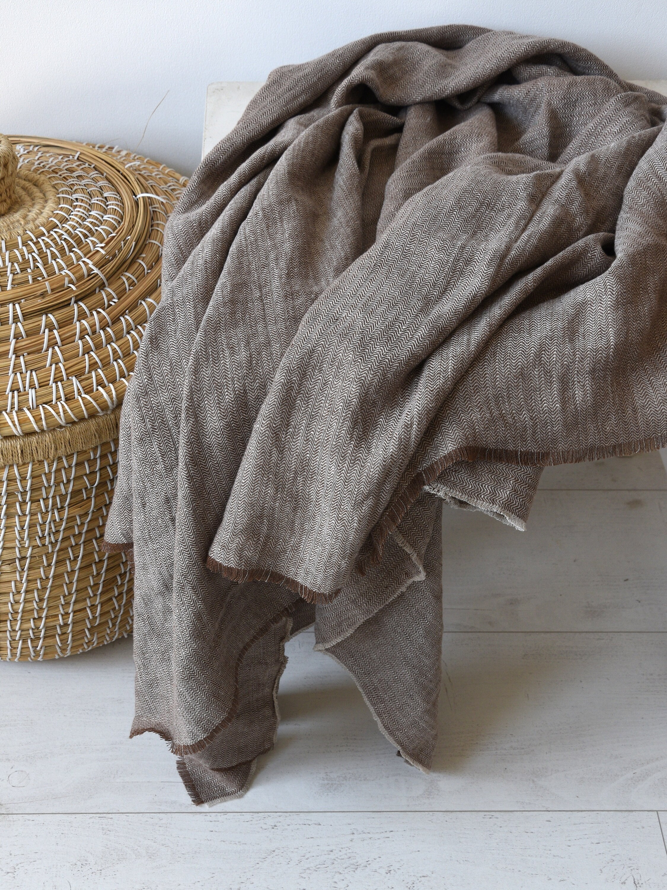 Soft Linen Throw Blanket in Herringbone Pattern - Scandinavian Style ...