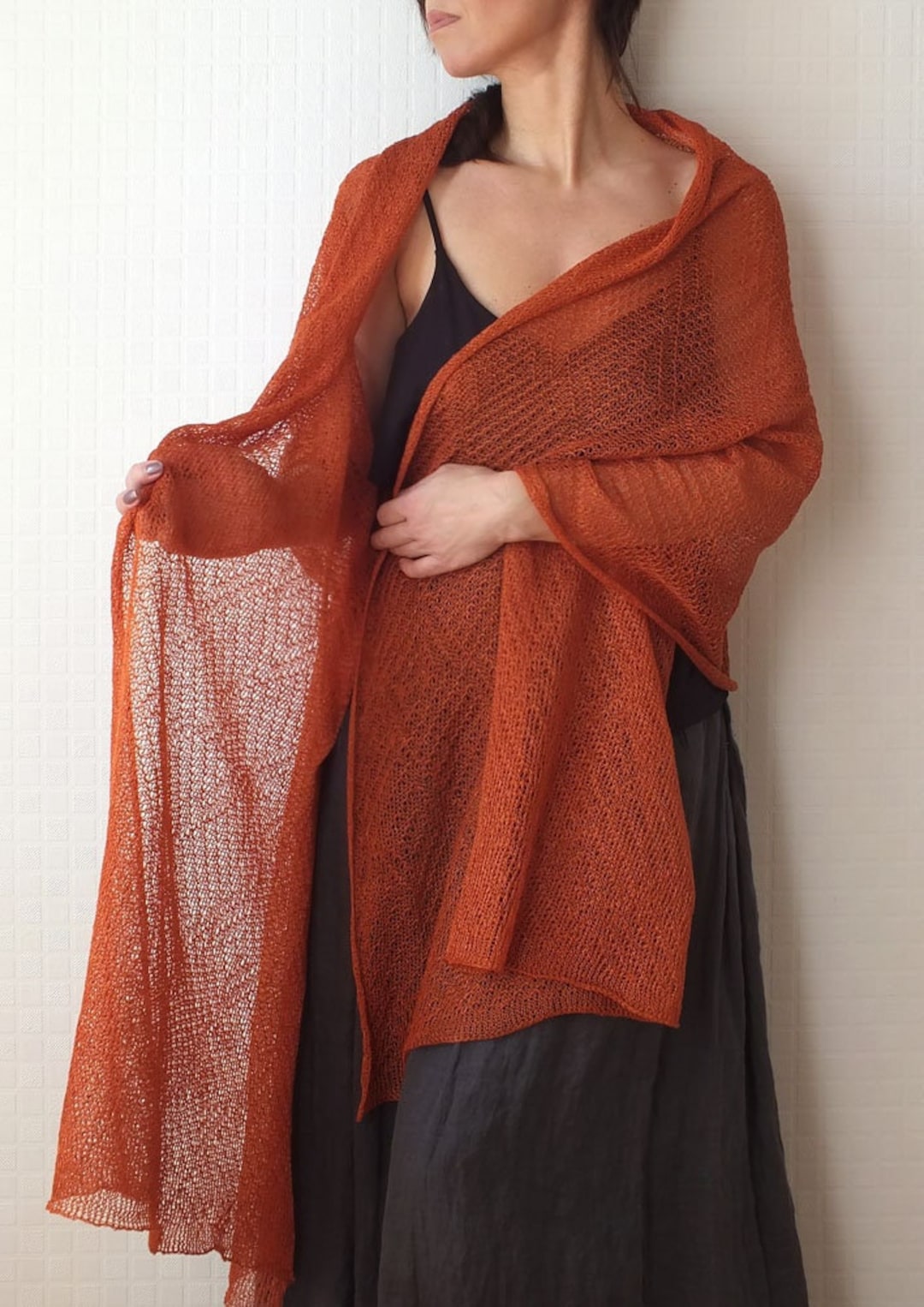 Knitted Lace Linen Wrap - Linen Shawl - Terracotta - Etsy