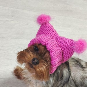 Pink Dog Hat With Handmade Pompoms Custom, Puppy Hat Knitted, Caps for ...