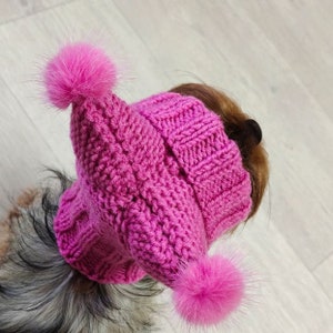 Pink Dog Hat With Handmade Pompoms Custom, Puppy Hat Knitted, Caps for ...