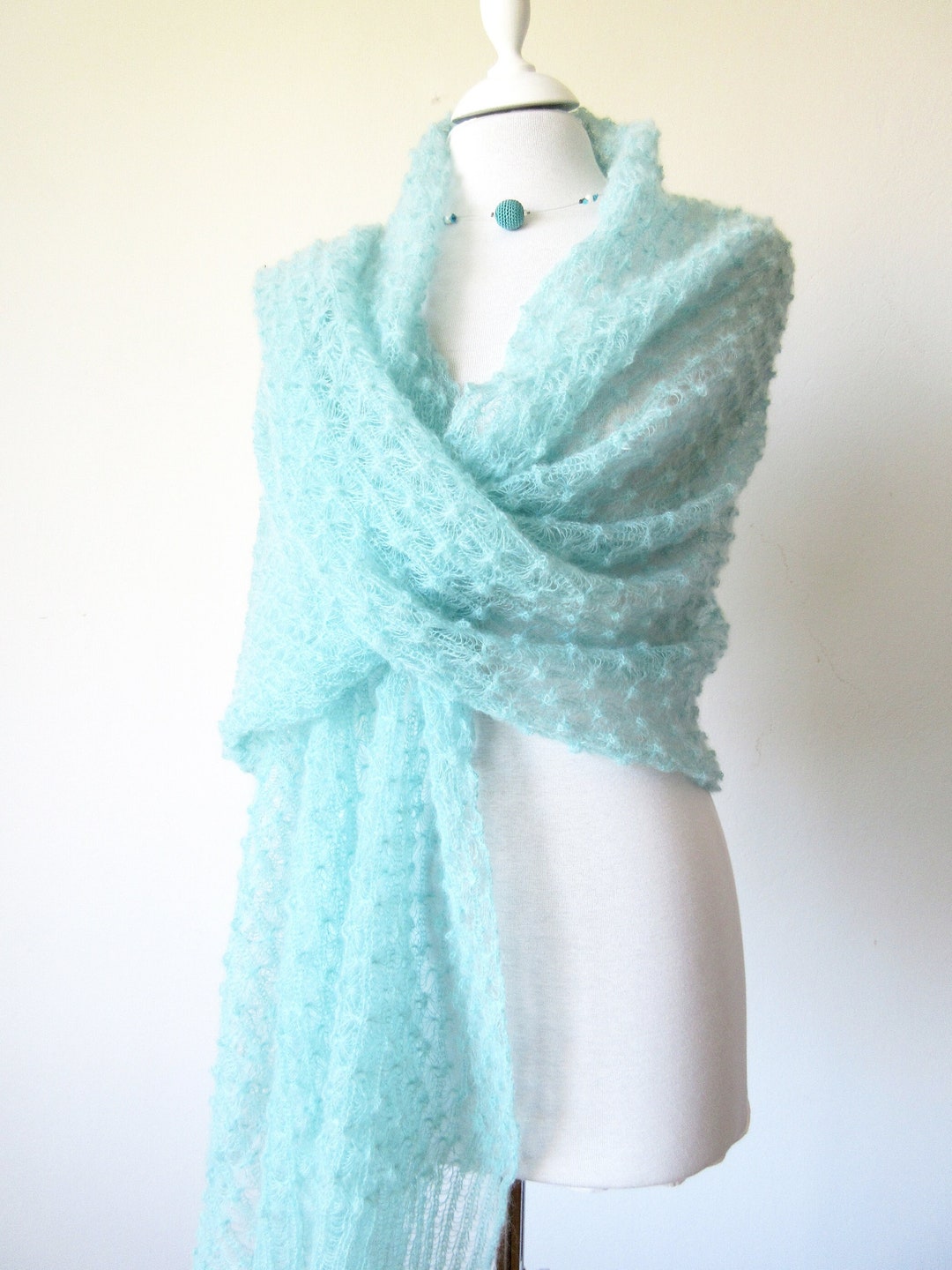 Bridal Stole Turquoise Mohair, Lace Scarf Wedding Aquamarine, Light ...