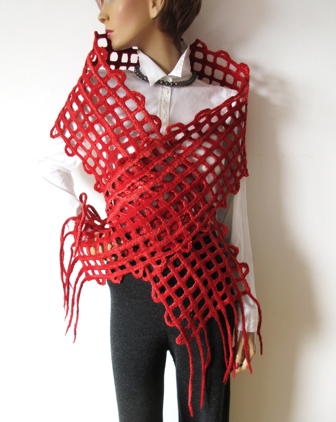 Red Felt Scarf Grid Pattern Long Stole Made of Merino Wool - Etsy