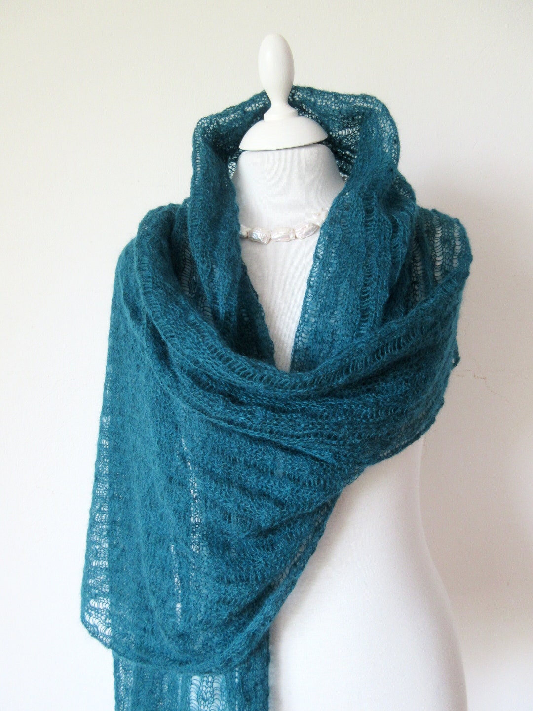 Stole Teal Mohair, Knitted Scarf Petrol, Ladies Scarf Dark Cyan, Wrap ...