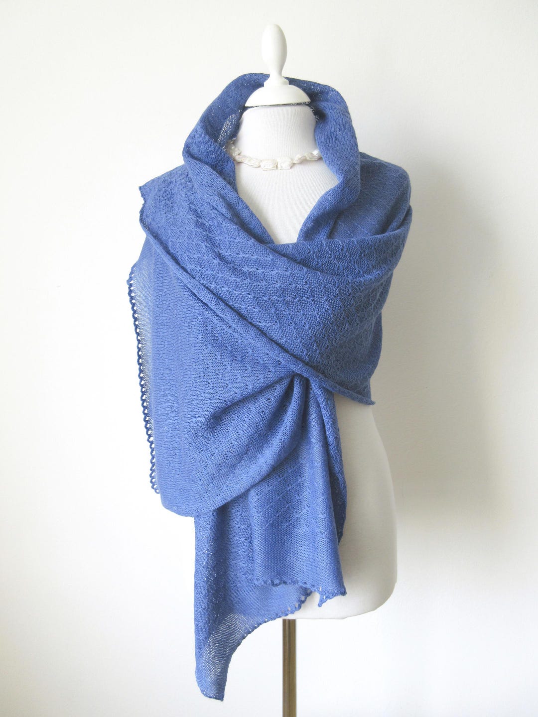 Merino Stola Damen, blauer Schal reine Naturfaser, gestricktes Wolltuch ...