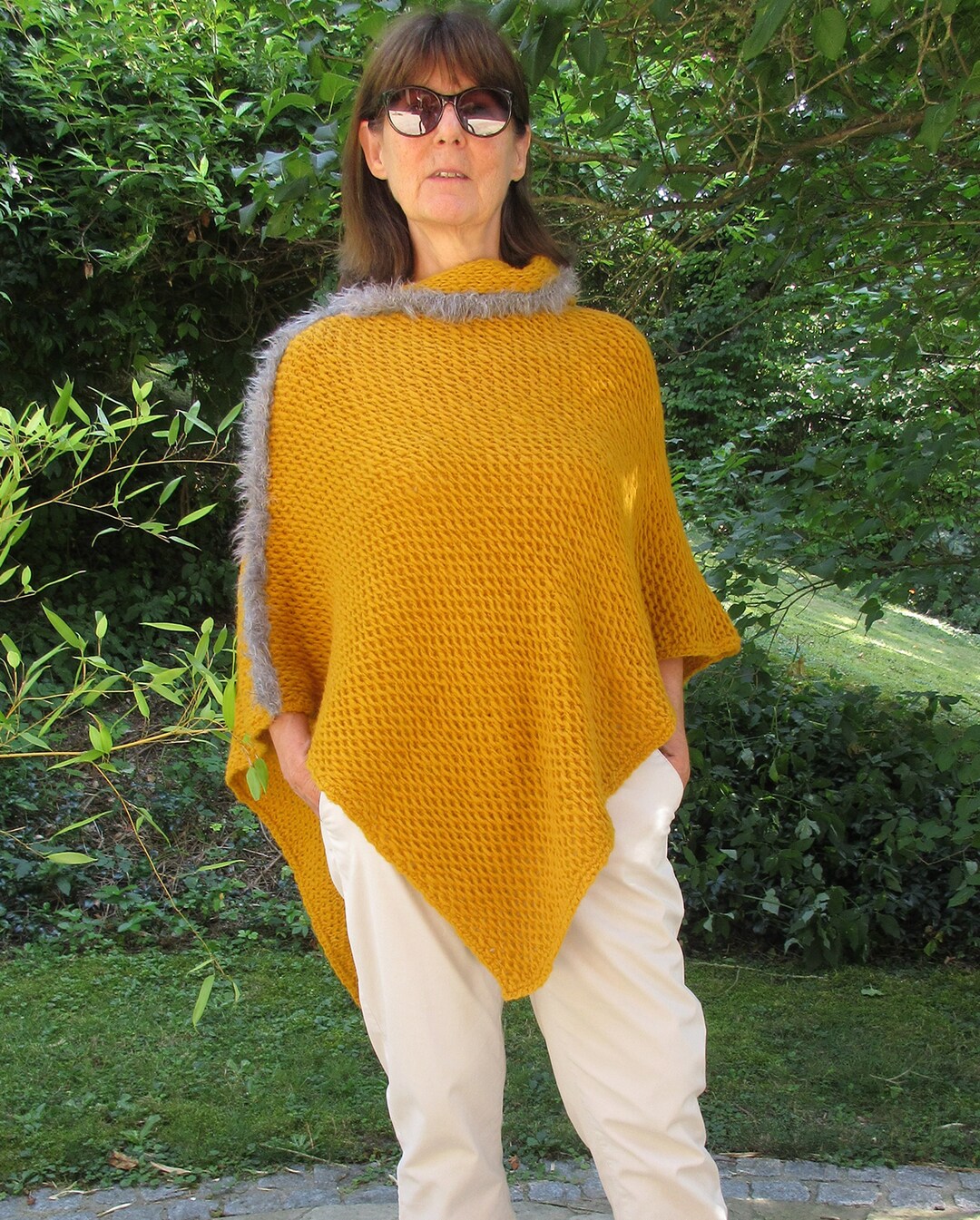 Women's Poncho Made of Mohair and Alpaca in Mustard Yellow, Chunky Knit ...