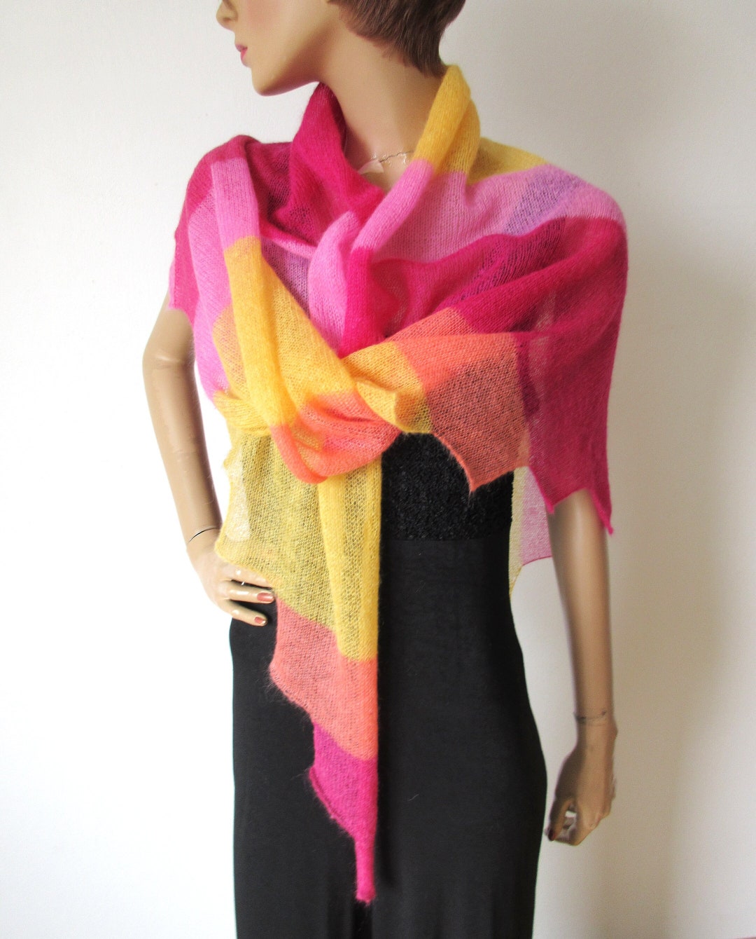 Colorful Shawl Made of Kid Mohair, Lightweight Knitted Triangular Shawl ...