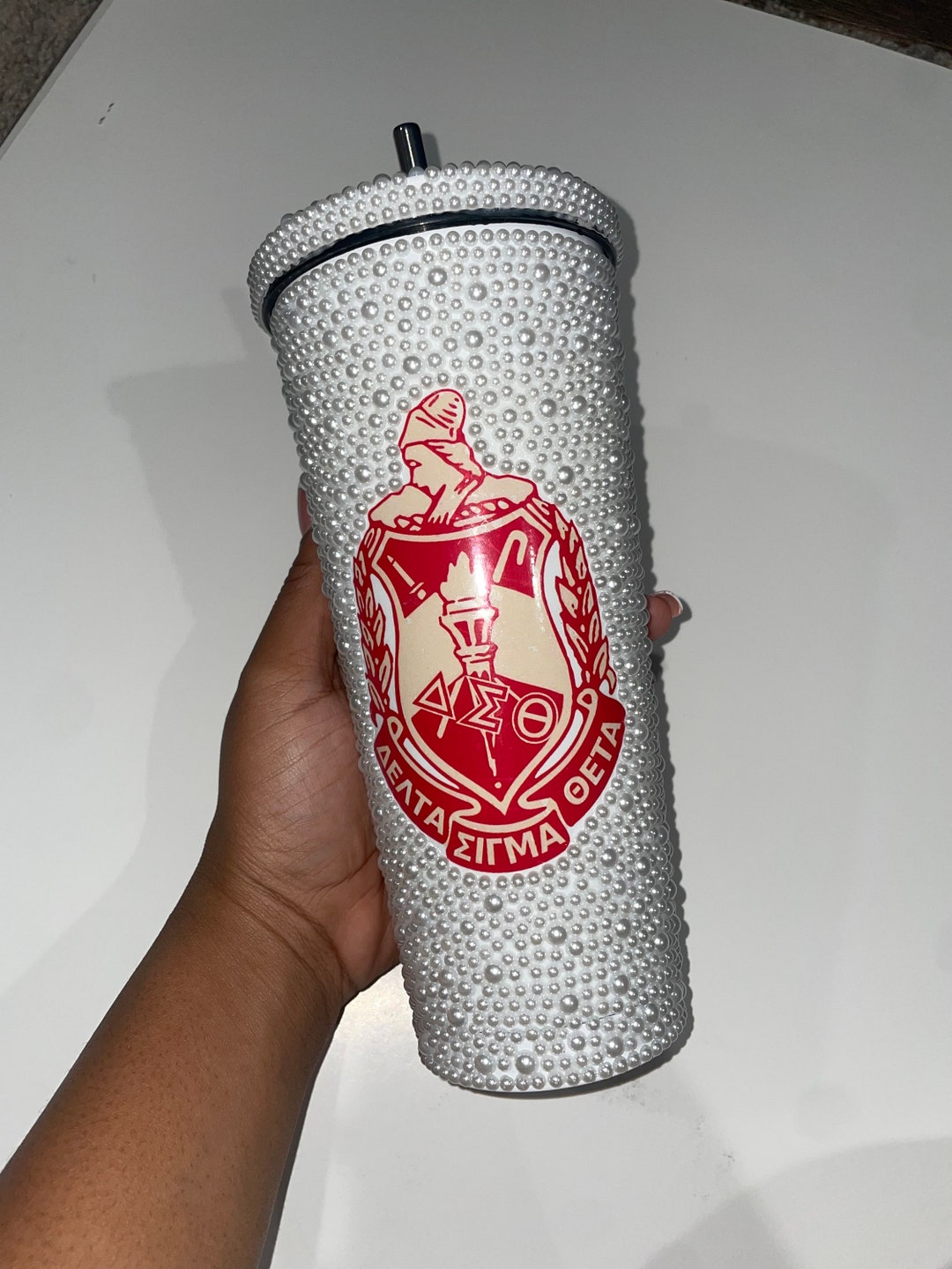 Delta Sigma Theta Pearl Tumbler: Stainless Steel Cup With Lid & Straw ...