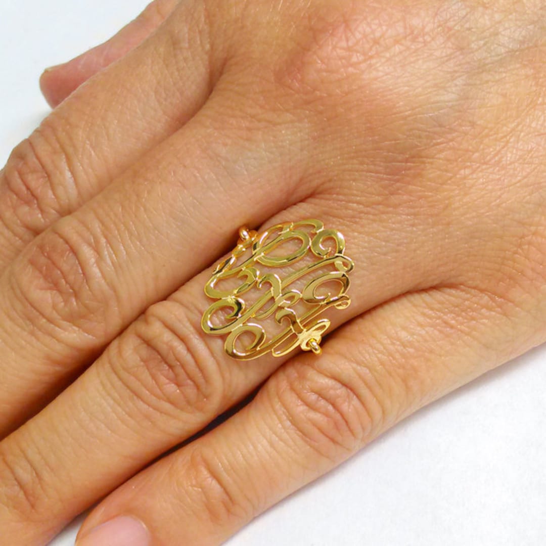 Gold Monogram Ring-ring With Initials-monogram Wire Ring-script Initial ...