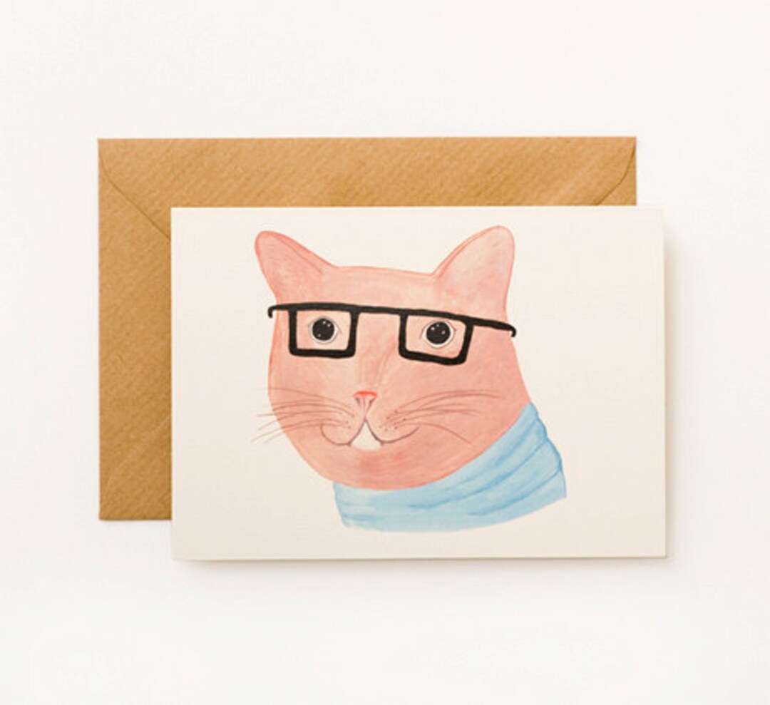 Nerd Kitty Cat With Glasses Illustrated Cat Card - Etsy