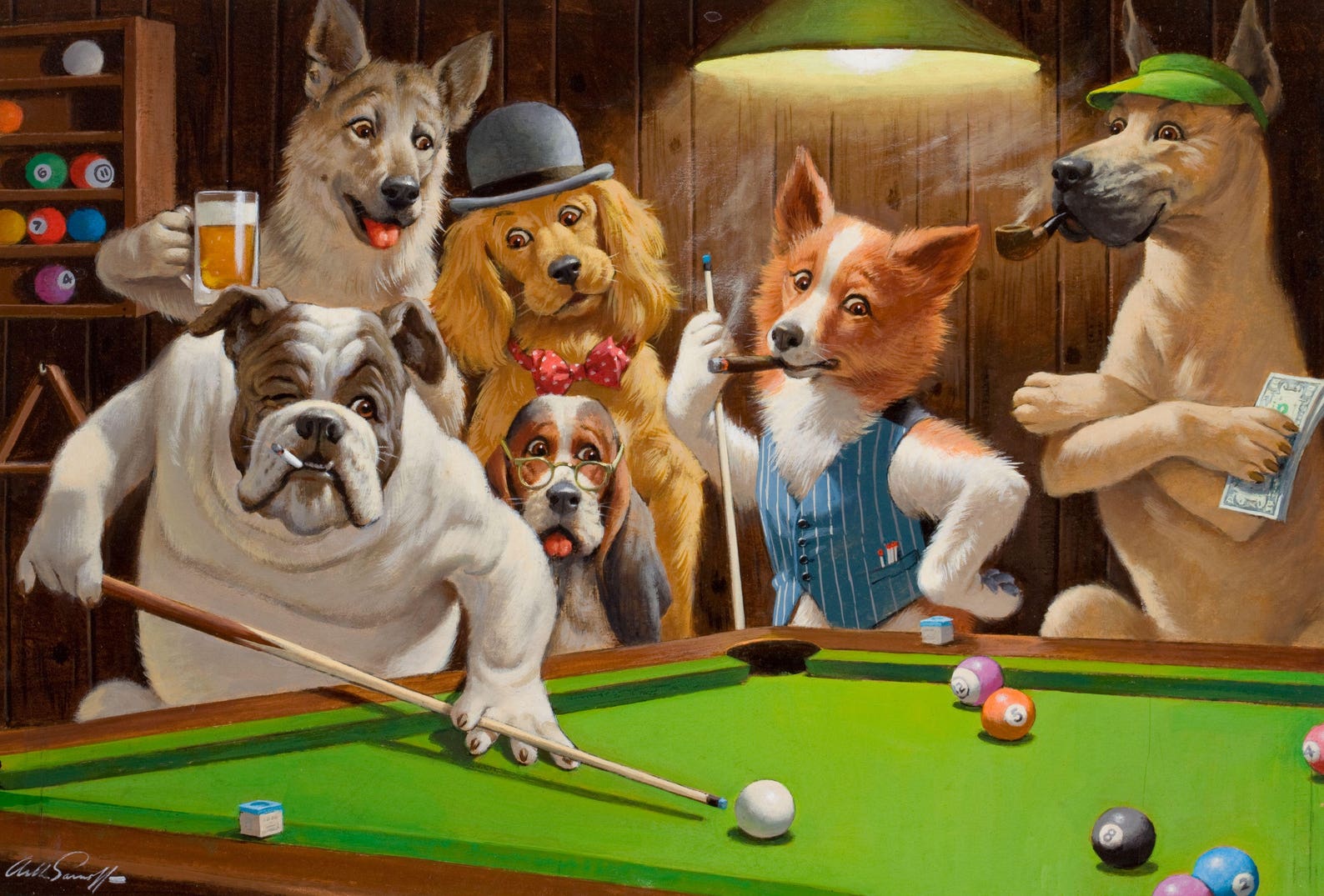 Six 6 Cartoon Dogs 12x18 Color PRINTS Dogs Playing Pool | Etsy