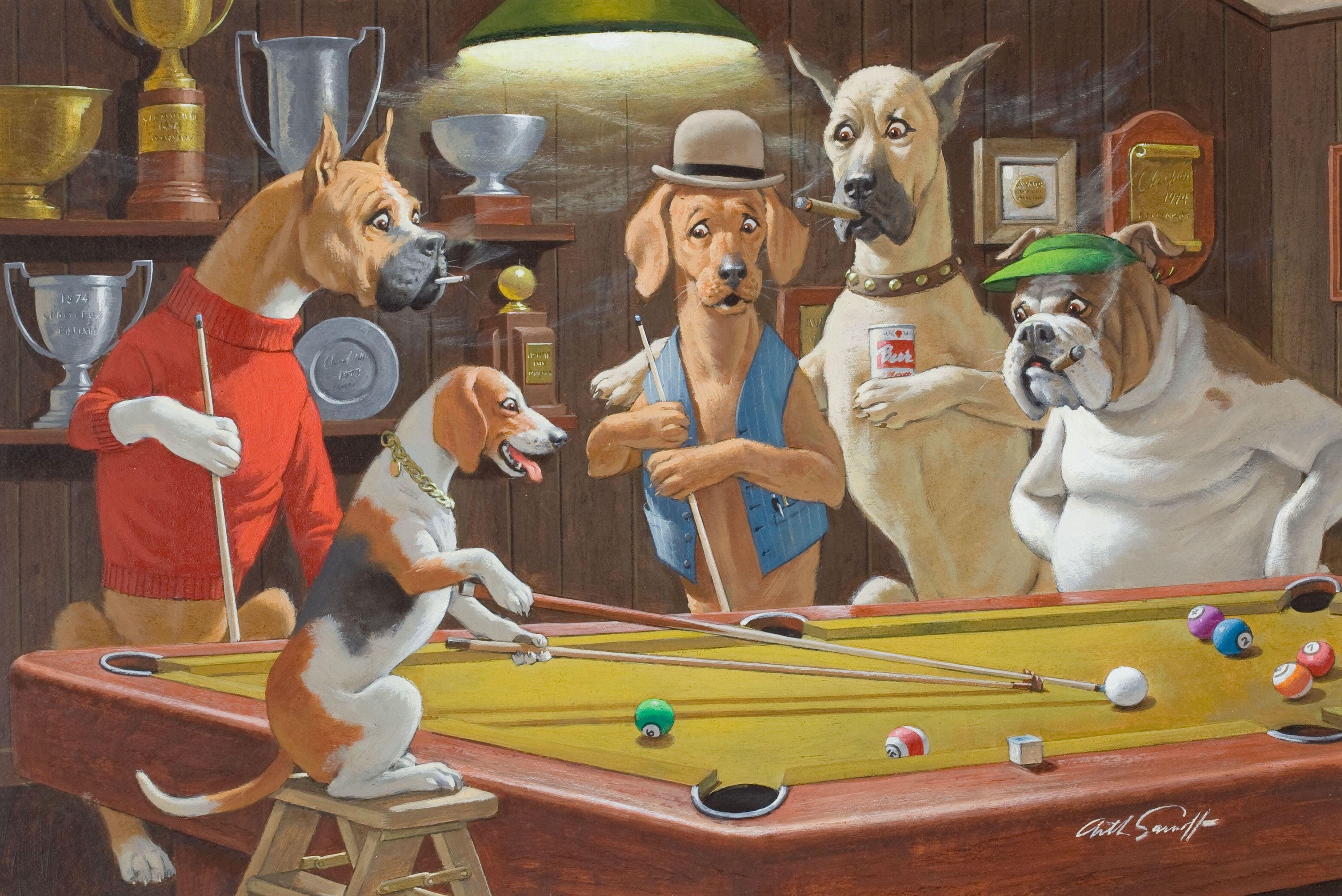 Dogs Playing Pool Poster