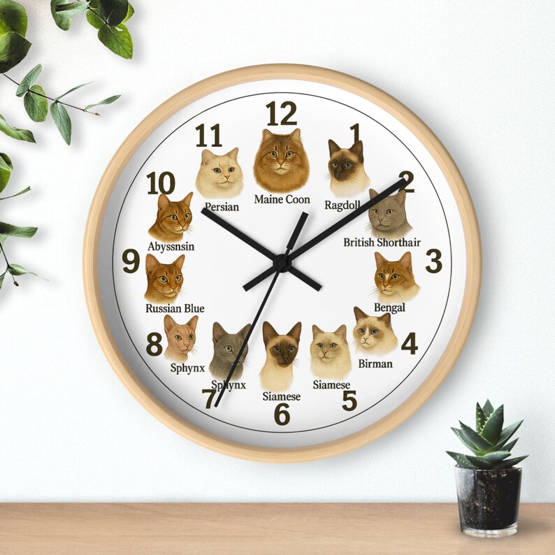 12 Most Popular House Cat Breeds Wall Clock 10" Inch Diameter Quality ...