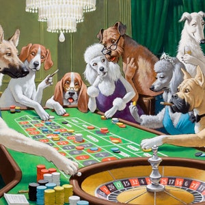 Six 6 Cartoon Dogs 12x18 Color PRINTS Dogs Playing Pool, Billards ...