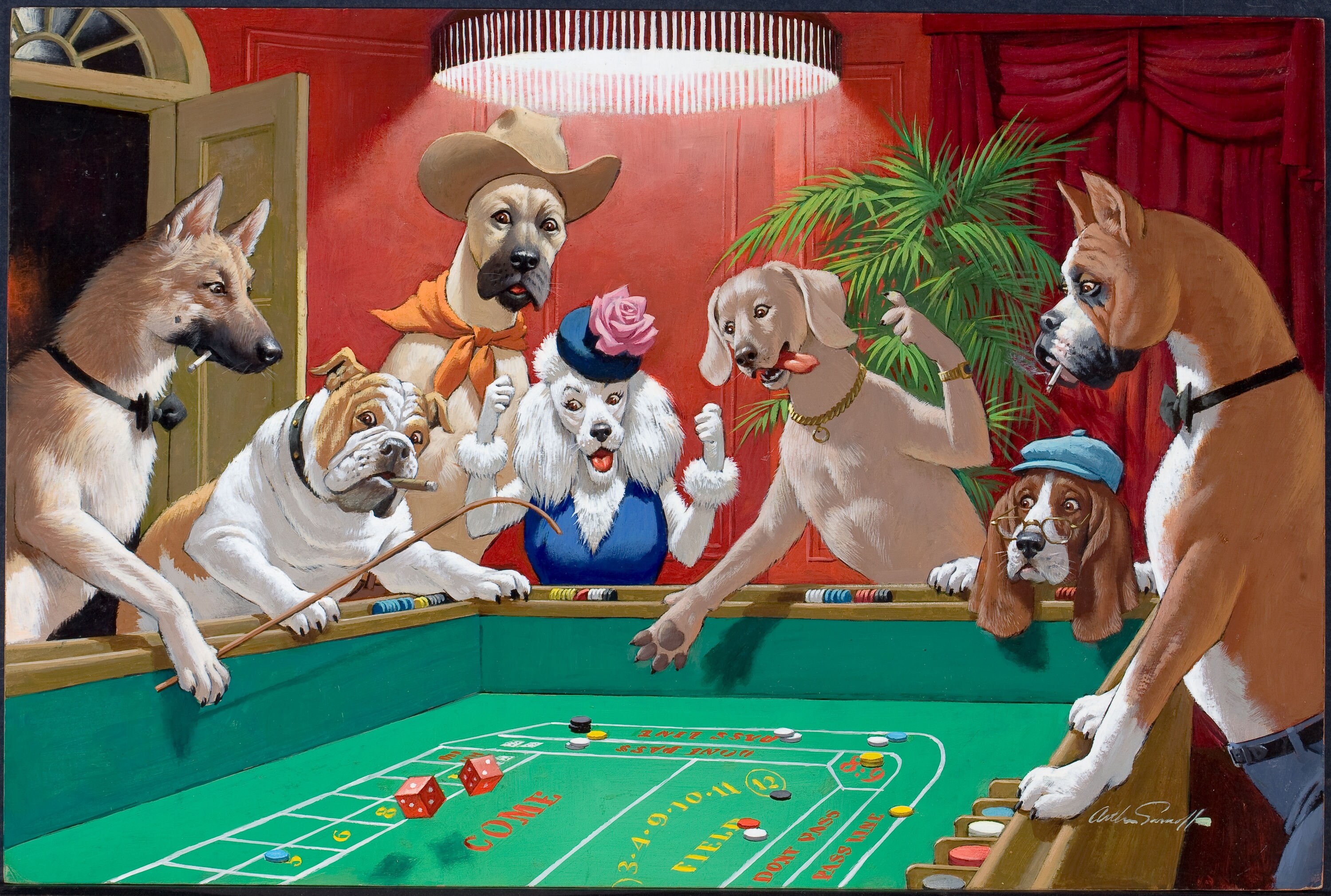 Six 6 Cartoon Dogs 12x18 Color PRINTS Dogs Playing Pool | Etsy