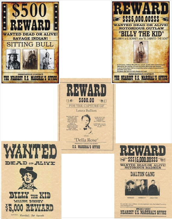 5 Old West Cowboy WANTED POSTERS Billy the Kid Sitting Bull | Etsy