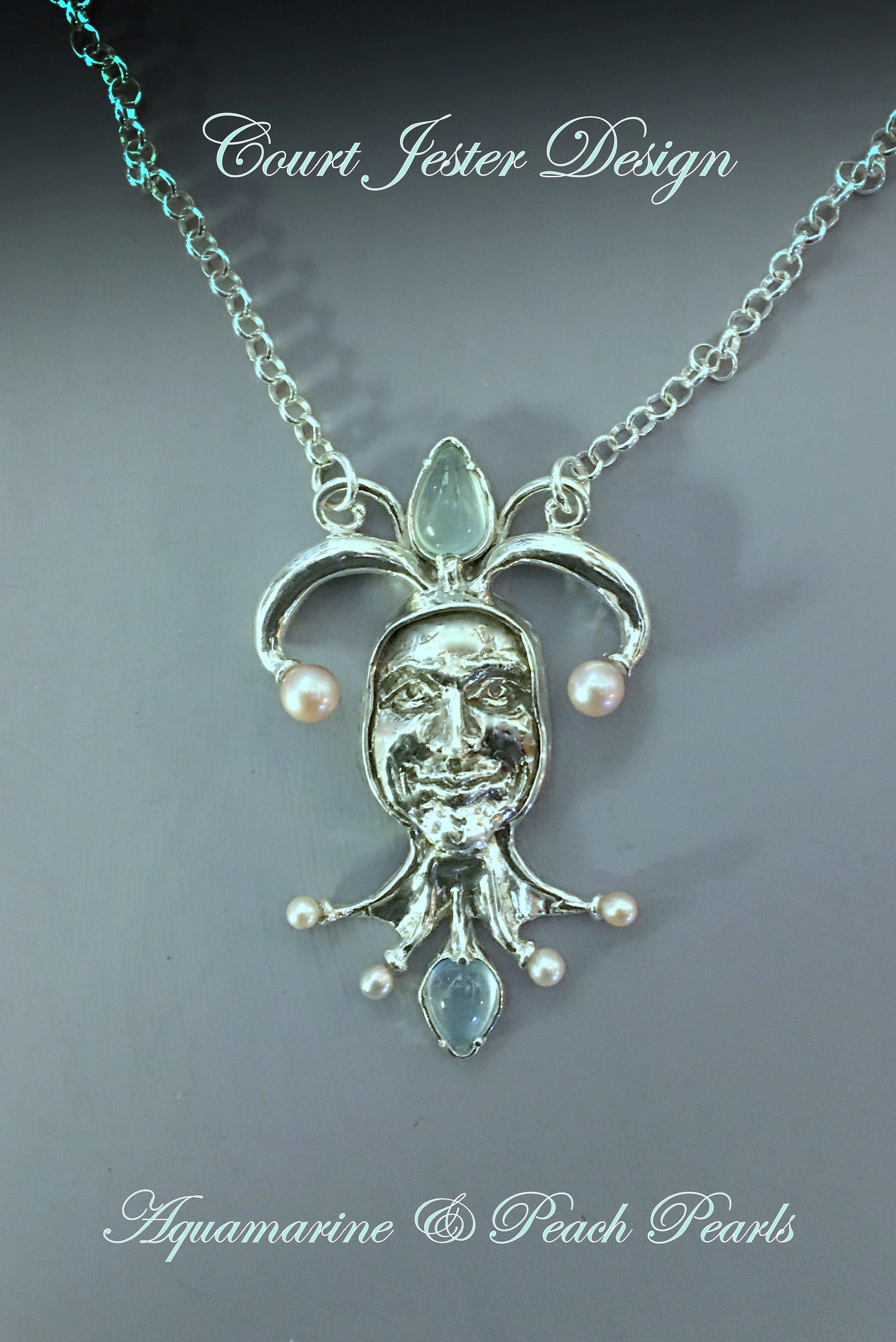 Jester Necklace with Aquamarine & Peach Pearls | Etsy