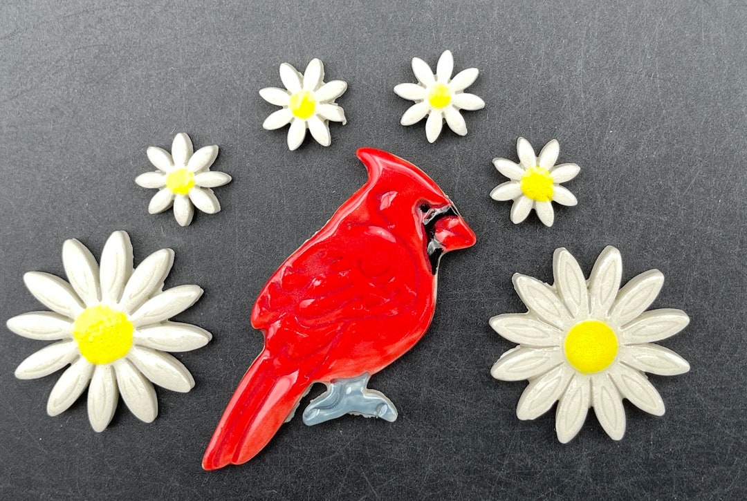 Ceramic Mosaic Red Cardinal Tile With Six Daisy Flower Tiles. Handmade ...