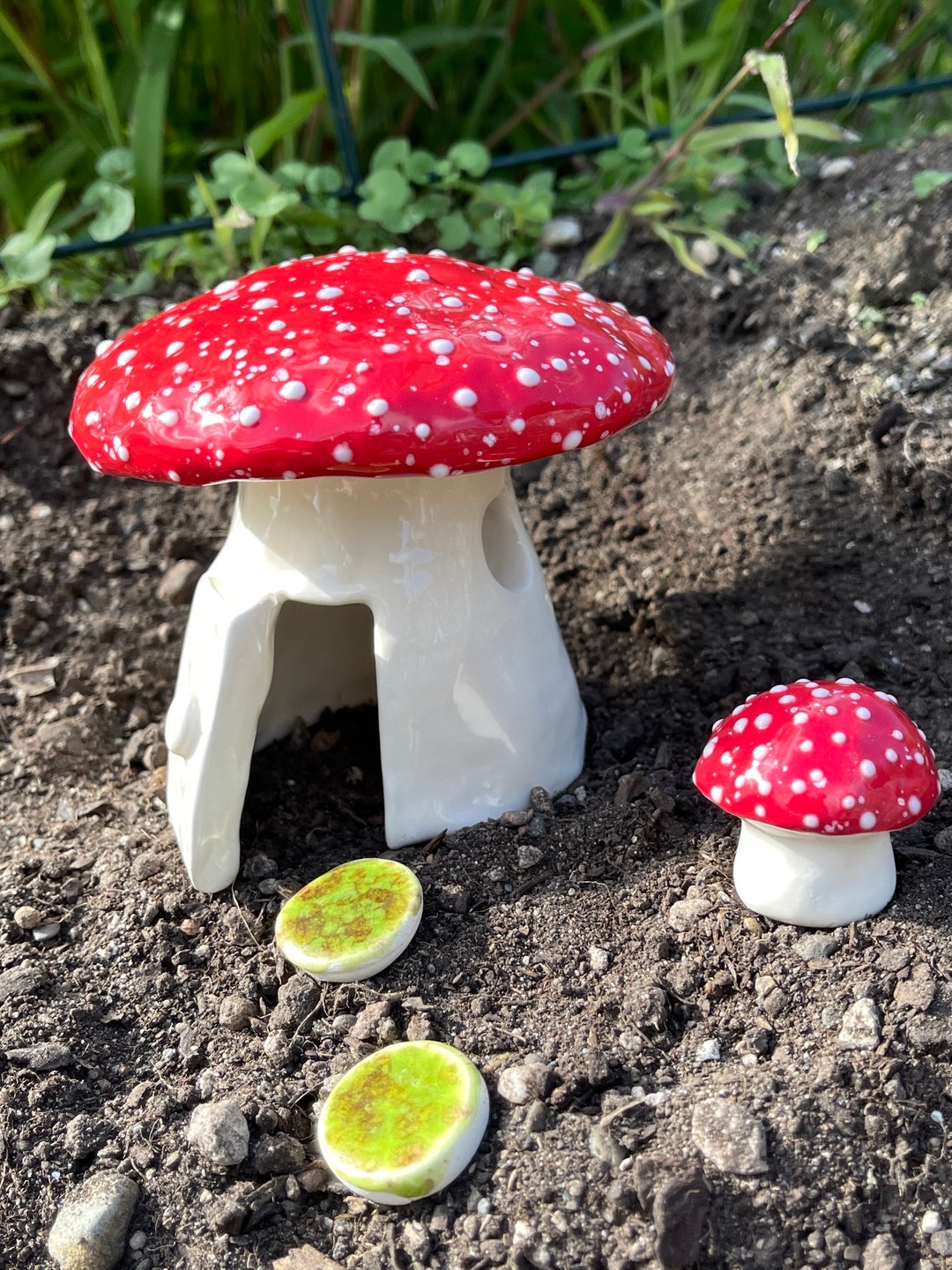 Fabulous Fungi, Ceramic Mushroom Gnome Shack, Fairy House With 2 Mossy Colored Stepping Stones ...
