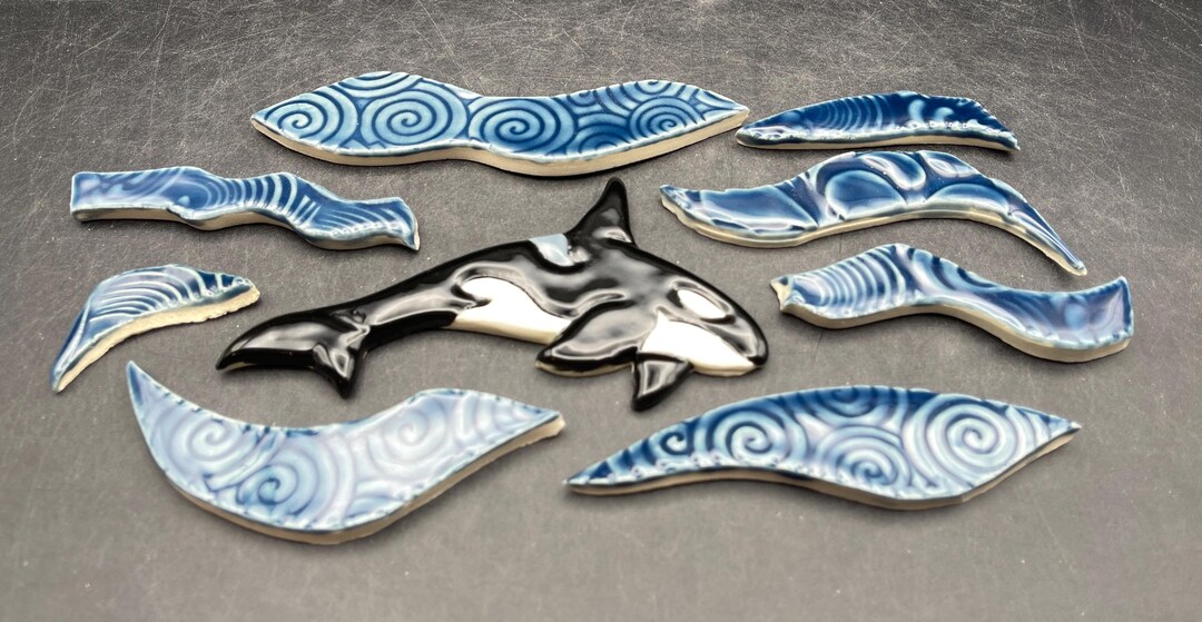 Ceramic Mosaic Orca Whale Tile, and Blue Wave Tiles. Handmade Orca Tile ...