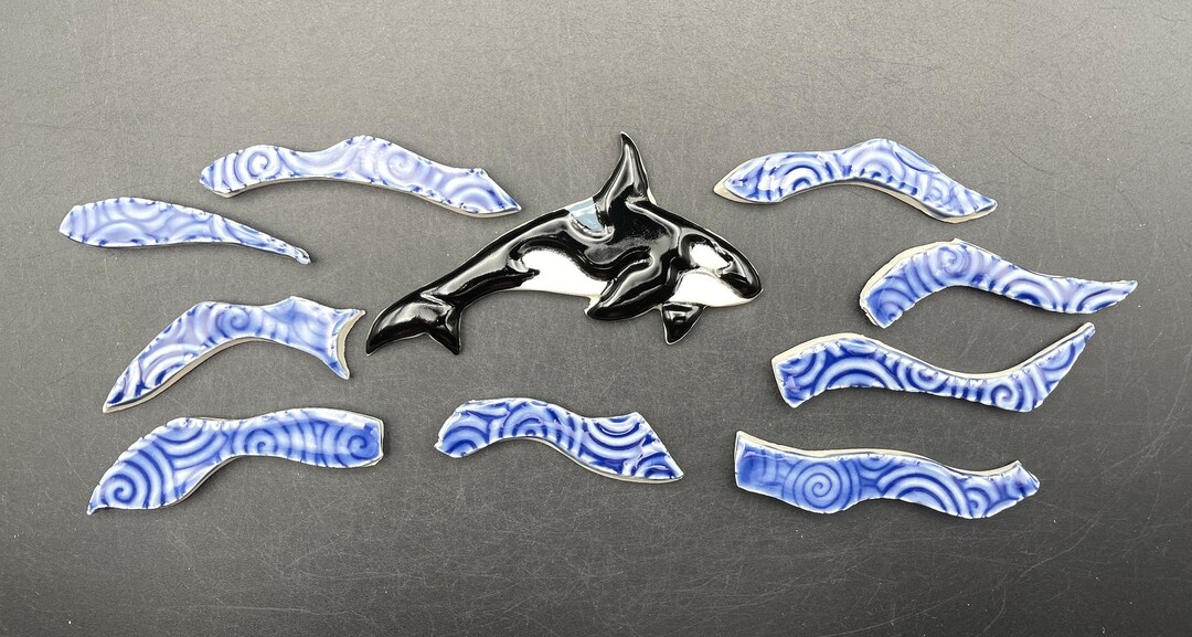 Ceramic Mosaic Orca Whale Tile, and Blue Wave Tiles. Handmade Orca Tile ...