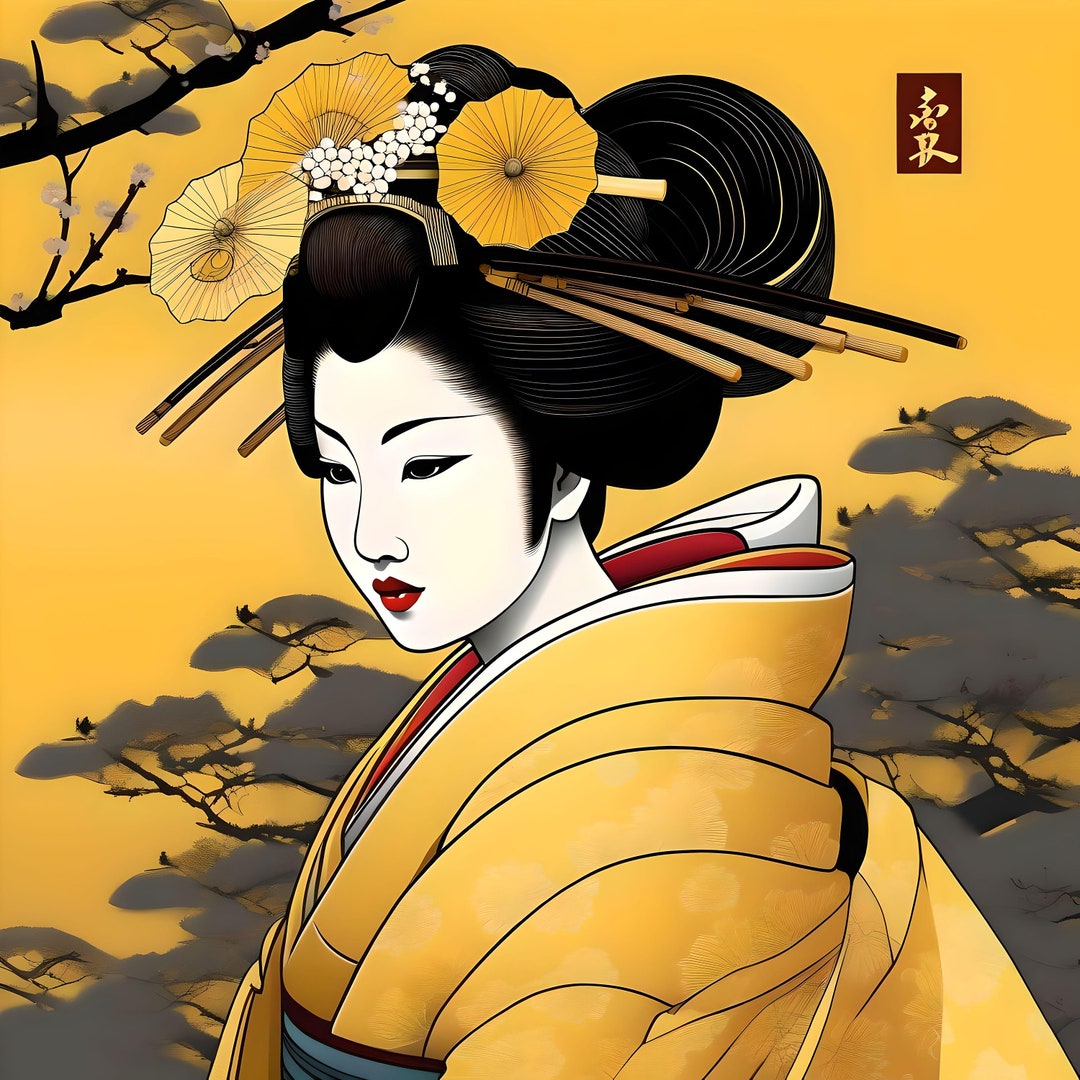 Japanese Geisha in Yellow B Portrait Ink on Matte Stock Paper Paper 8.5 ...
