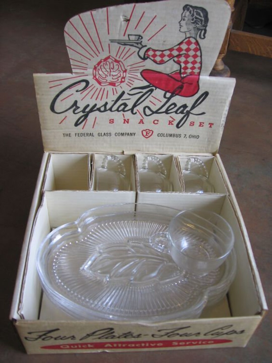 1959 Crystal Leaf Snack Set for 4 From Woolworths Box Included Looks ...