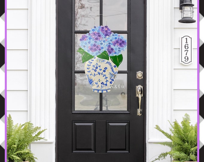 Hydrangeas in Ginger Jar With Blue Toned Flowers, Fern and Vines Door ...