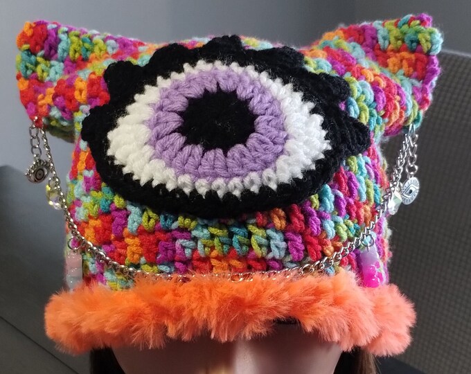 Third Eye Fuzzy Crochet Rainbow Neon Cat Hat Adult Size - Festival Cat ...