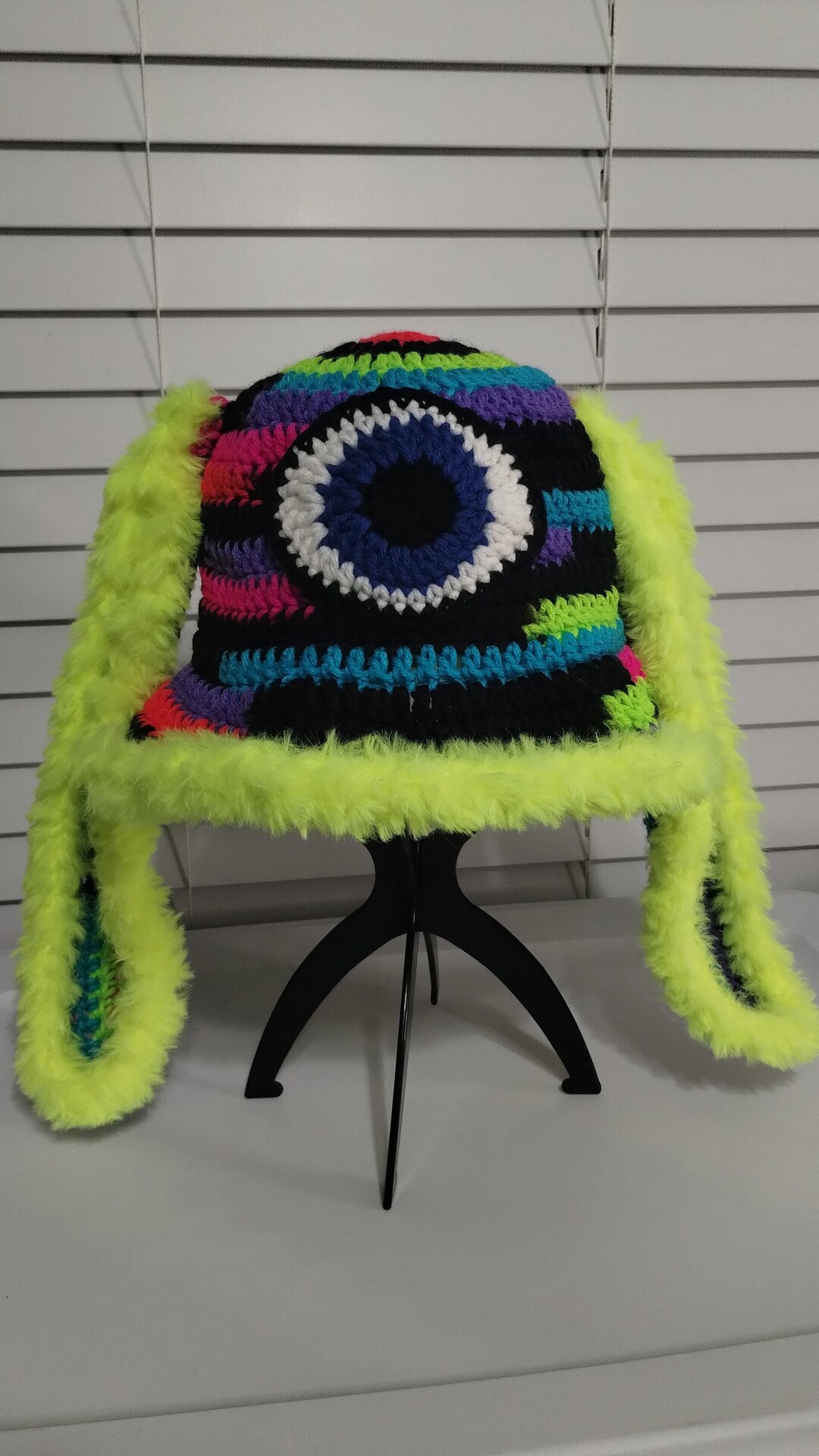 Fuzzy Third Eye Crochet Bunny Ear Bucket Hat Adult Size Festival Bucket ...