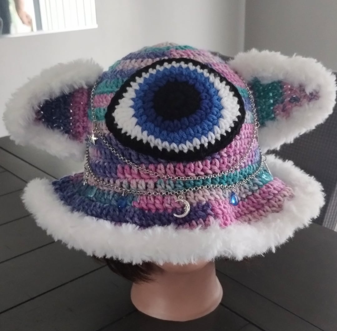 Third Eye Crochet Cat Ear Bucket Hat Size Large With Charms - Festival ...