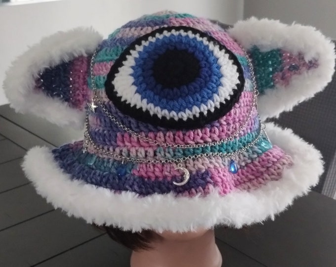 Third Eye Crochet Cat Ear Bucket Hat Size Large With Charms - Festival ...